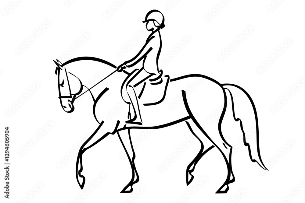 Equestrian rider on a horse in motion, black and white line drawing ...