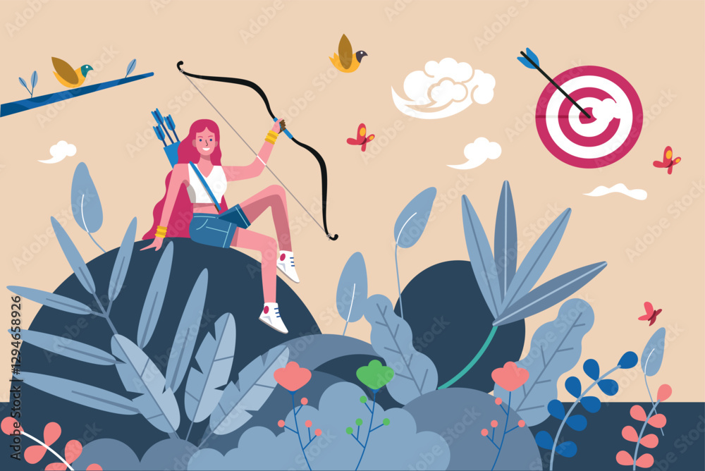Archer aiming at target, achieving goals and objectives in nature Stock ...