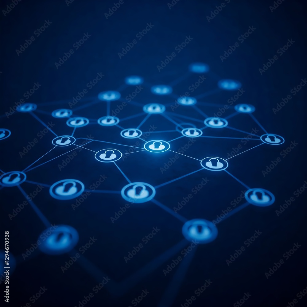 A dark blue background with interconnected user icons linked by glowing ...