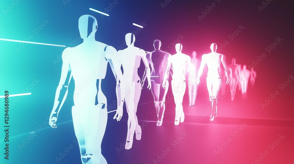 Humanoid robot AI agents walk through cyberspace symbolizing agentic ...