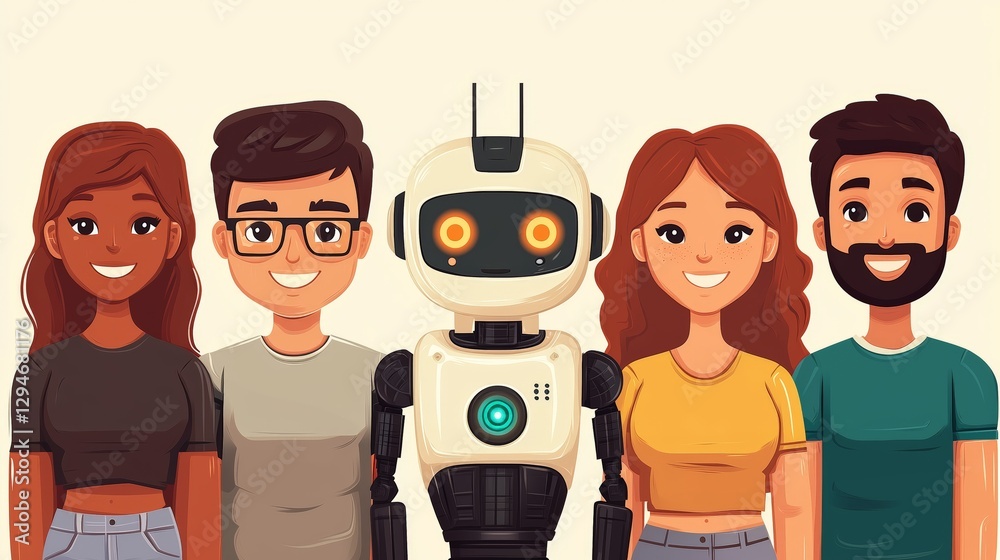 A group of human coworkers and a humanoid robot AI agent together as ...