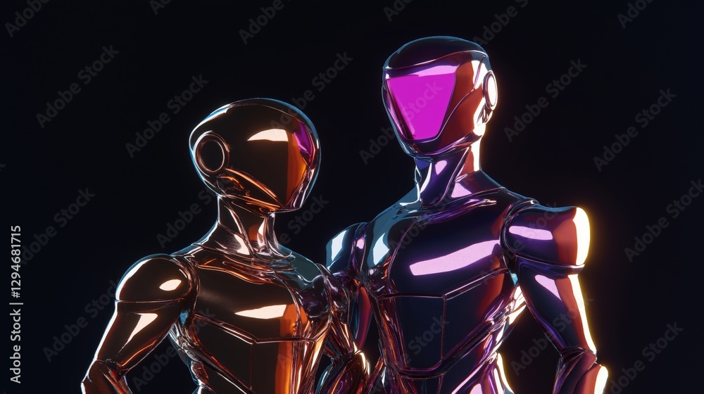 Two humanoid robot AI agents stand together symbolizing agentic ...