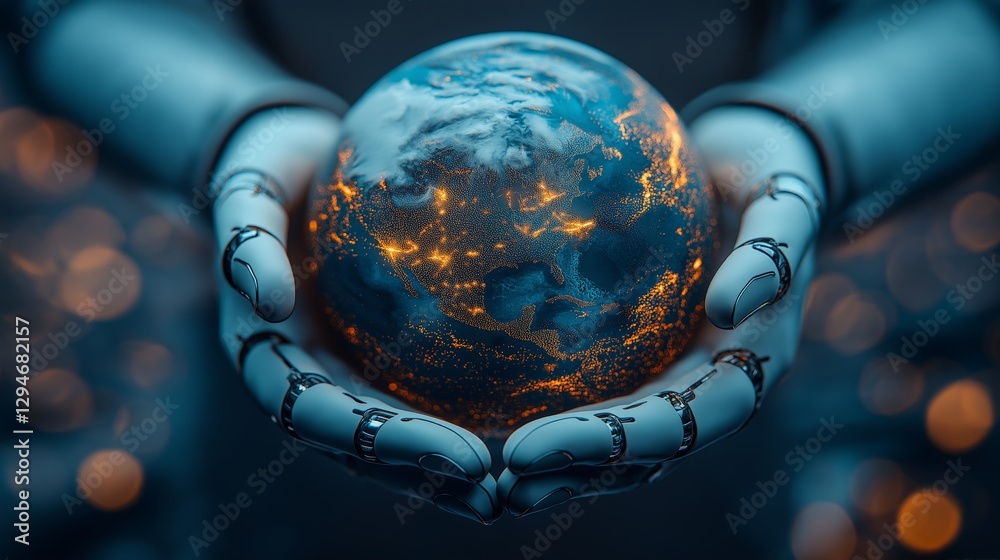 Ilustração A humanoid robot AI agent holding a globe of the planet ...