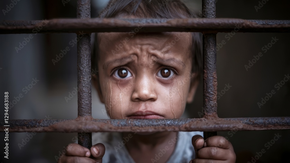 Stock-Foto „Human Trafficking of Children, Child Abuse, Sad Scared Little Boy behind Bars in ...