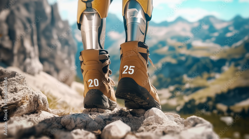 A humanoid robot AI agent wearing boots with the year 2025 on them ...
