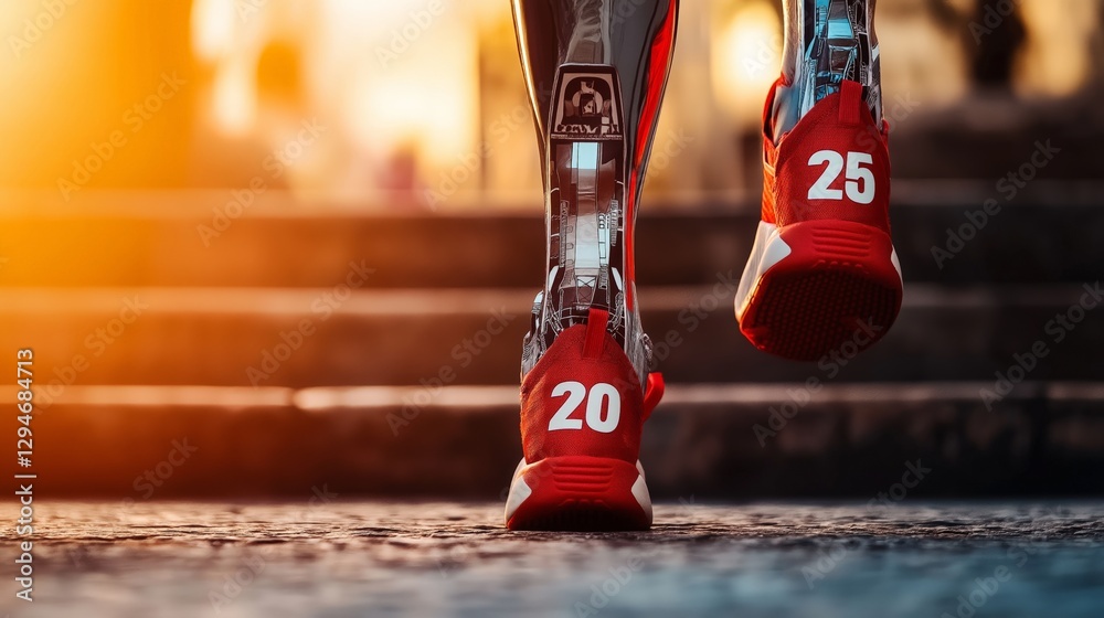 A humanoid robot AI agent climbing a staircase with shoes that spell ...
