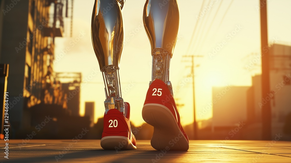 Ilustrace A humanoid robot AI agent wearing running shoes with the year ...