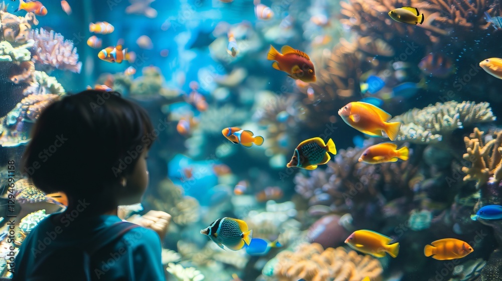 Kids were watching colorful fish and other sea creatures at an aquarium ...