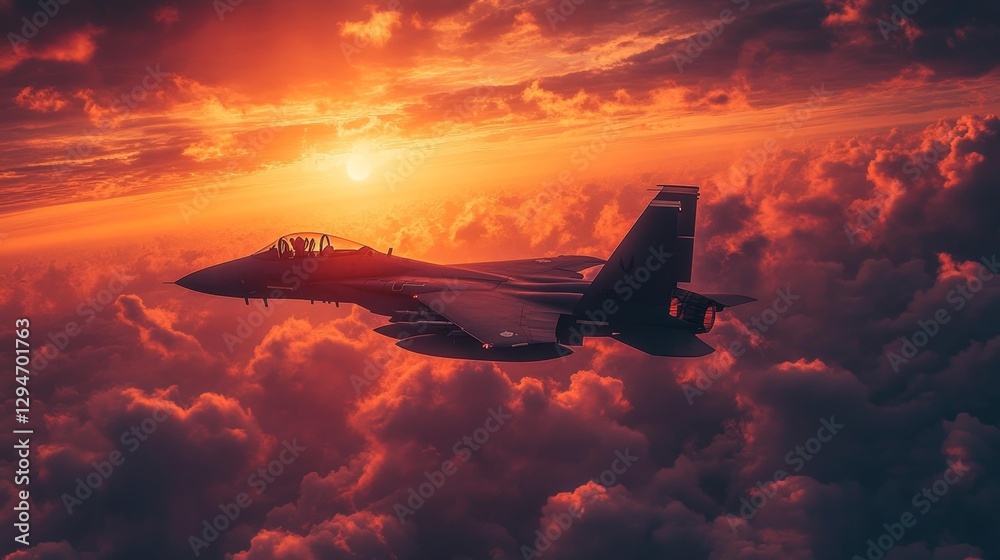 F-15 Fighter Jet Flying in the Clouds During Sunset with Sky Glow. Generative AI Stock Photo ...