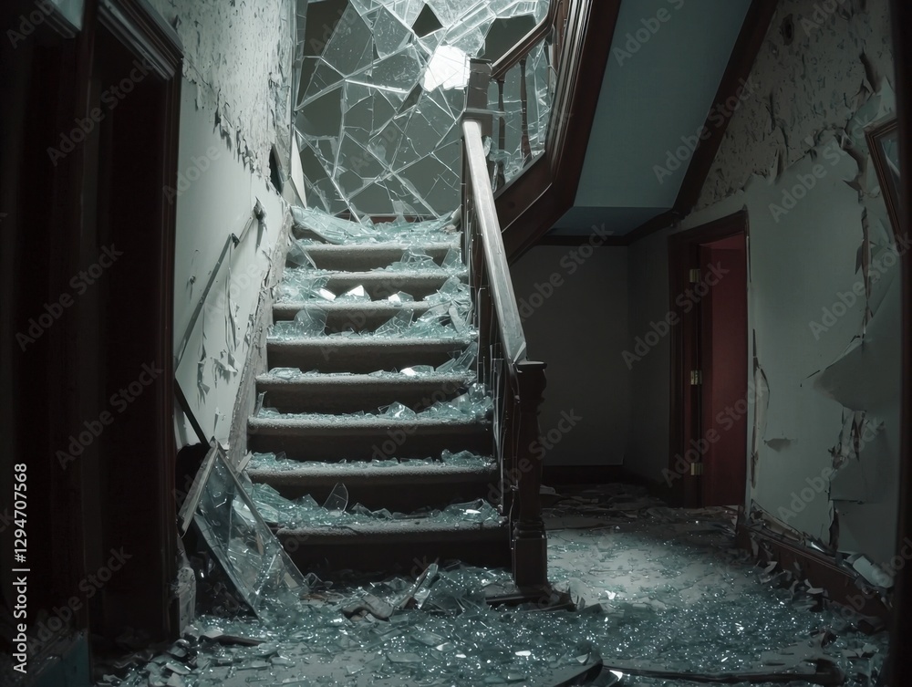 Abandoned staircase with broken glass and peeling paint in a ...