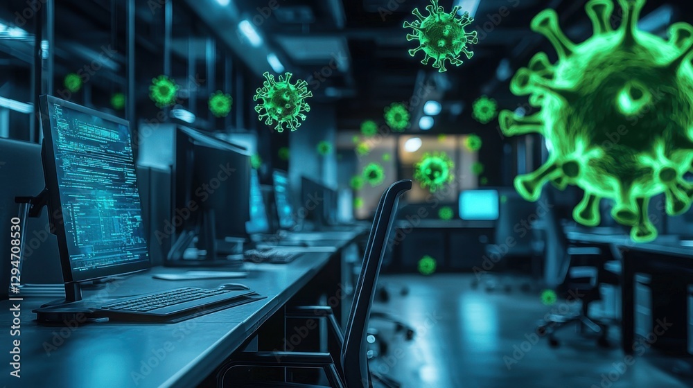 Empty office workspace with computer screens displaying code, overlaid ...