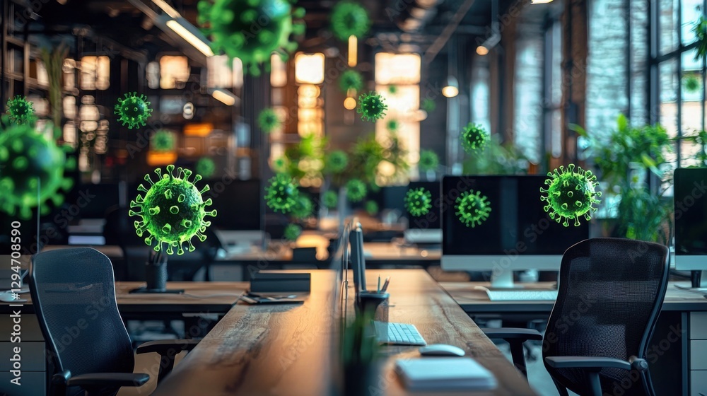 Empty office desks with computer monitors and chairs, with digital ...