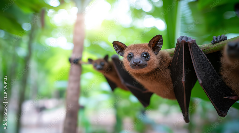 Bats hanging upside down on tree branch, displaying nocturnal roosting ...