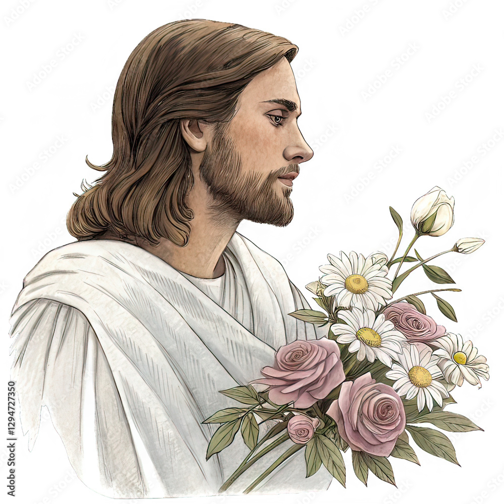 Portrait of Jesus Christ with a Bouquet of Flowers, Roses, Symbol of ...