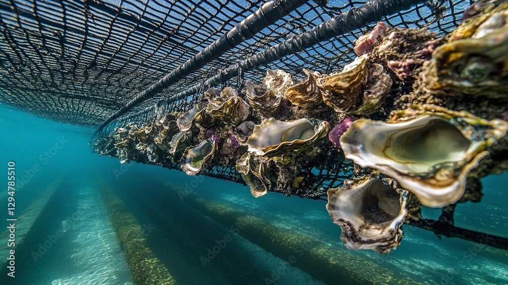 Beneath the surface, healthy oysters are suspended on a submerged mesh ...