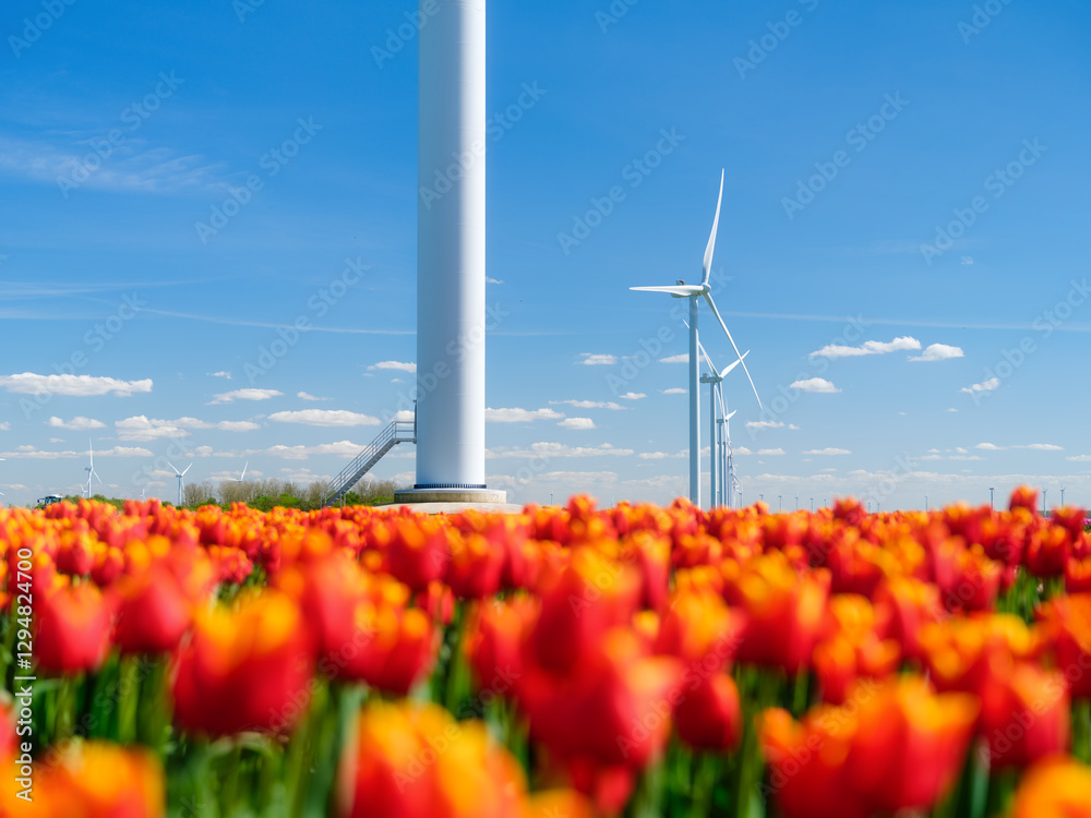 Field with tulips and wind turbines. A wind generator in a field in the ...