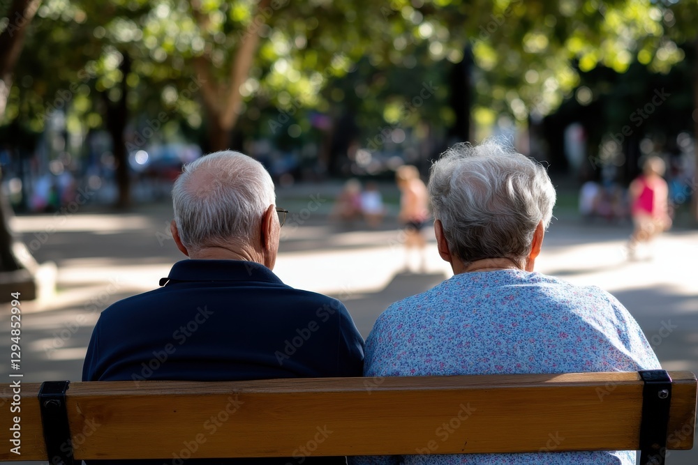 Two senior citizens share a joyful moment on a bench, surrounded by ...