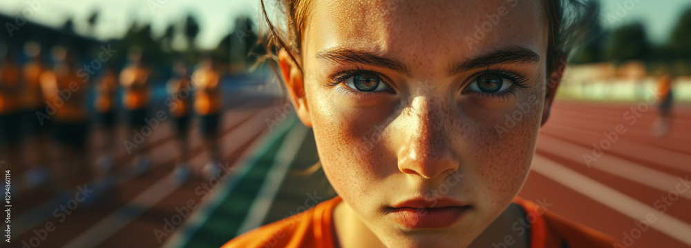 Focused young girl track runner with piercing eyes and sunlit freckles ...