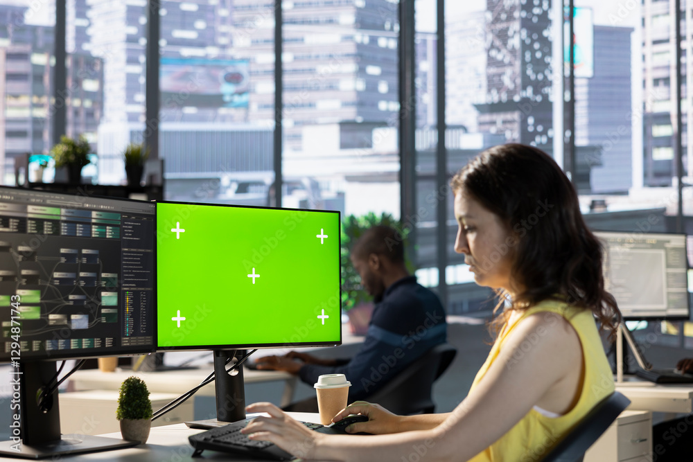 Foto de Stock Scientist working with machine learning tech on green ...