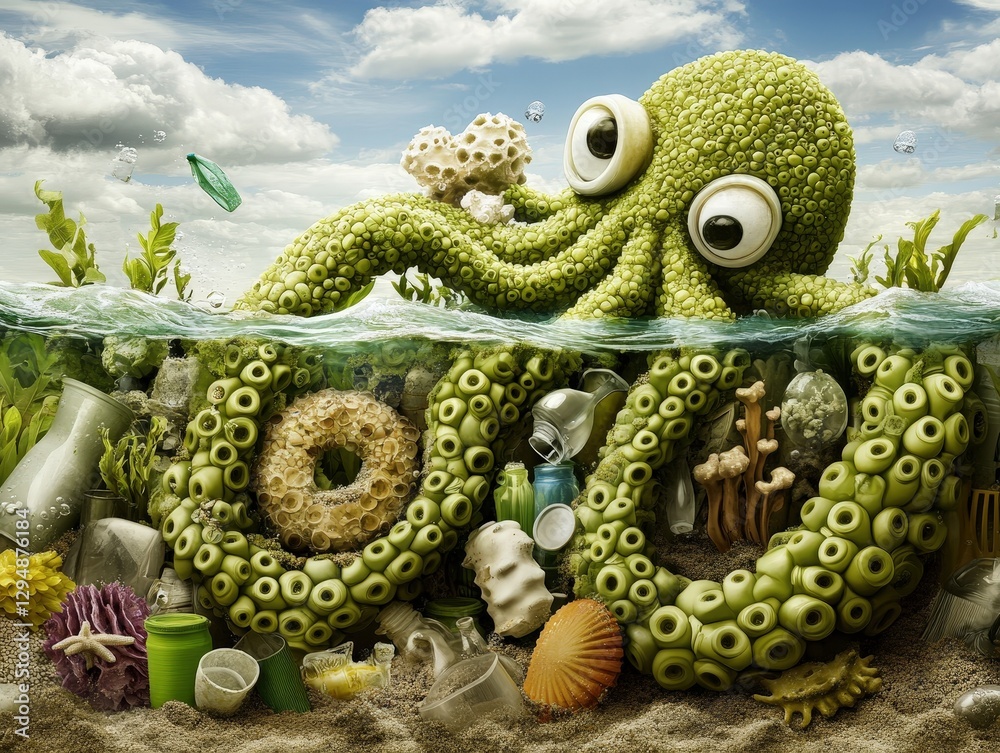 A surreal depiction of a polluted ocean with sea creatures trapped in ...