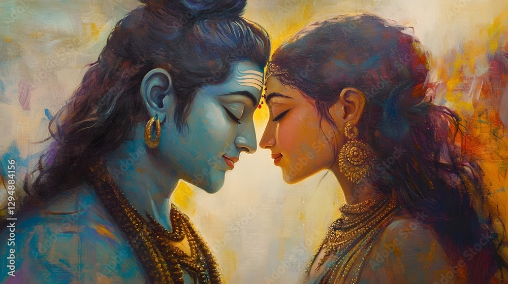 Divine Oil Painting of Lord Shiva and Parvati in Spiritual Connection ...