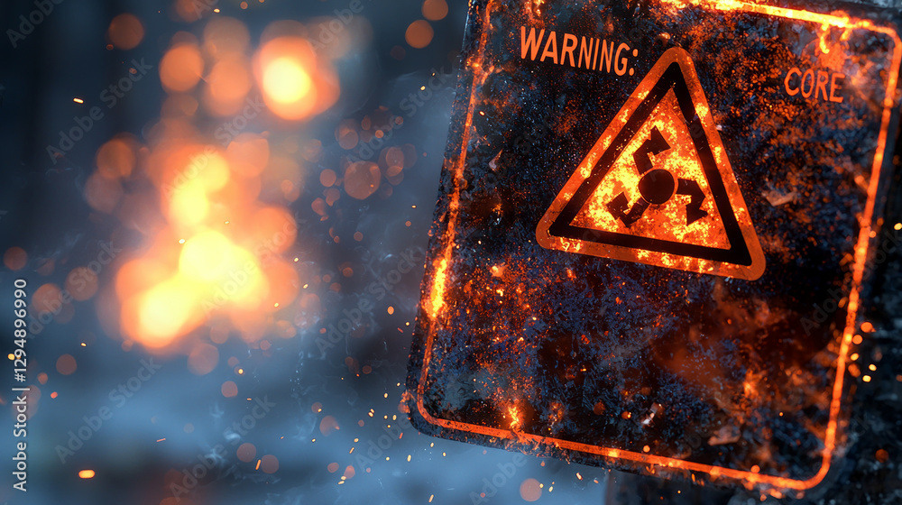 Red and orange hazard symbols flash warning about core meltdown. Sparks ...