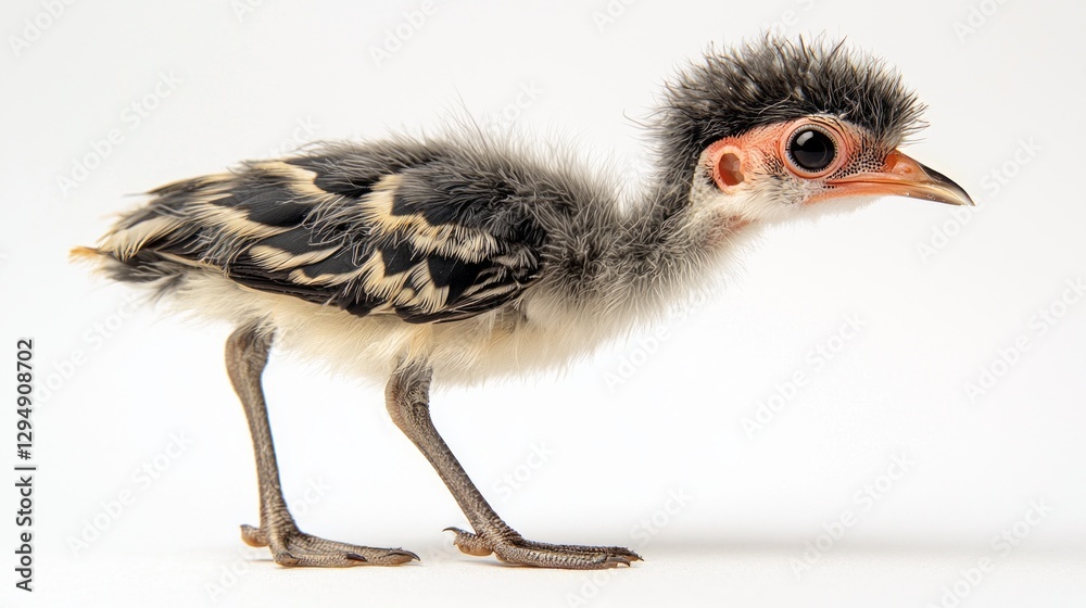 baby secretary bird stands curiously on clean white background. Its ...