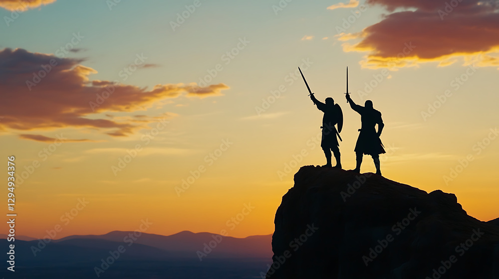 Silhouette knight standing top cliff holding sword his of Joshua ...