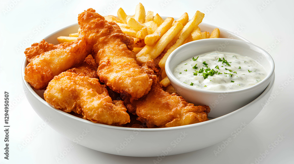 Delicious crispy fried fish fillets served with golden fries and tangy ...
