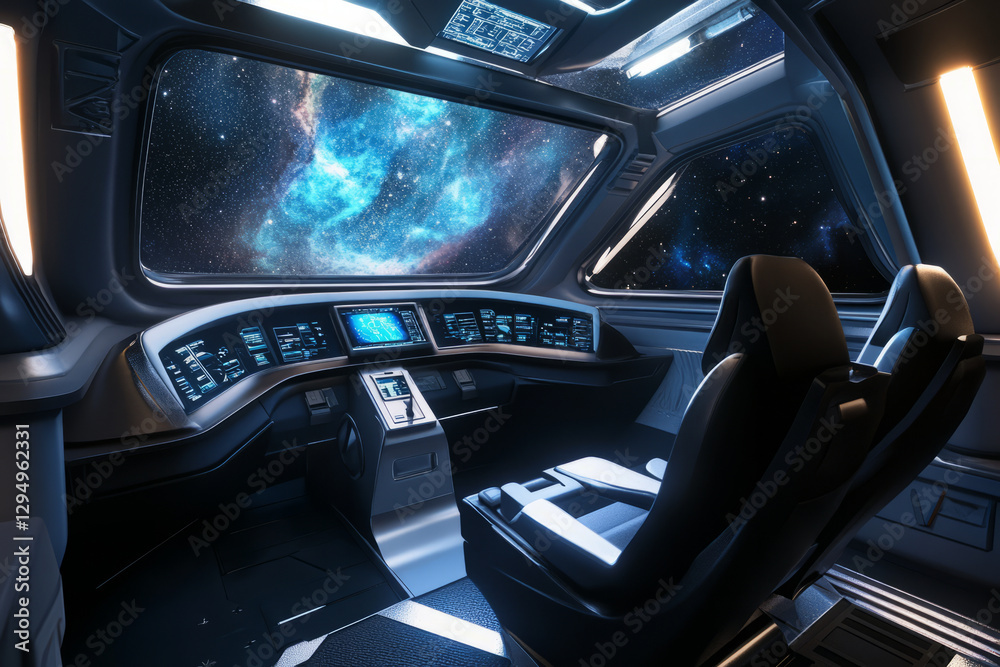 A sleek spaceship cockpit 3D background room with a holographic star ...