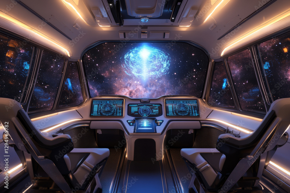 A sleek spaceship cockpit 3D background room with a holographic star ...