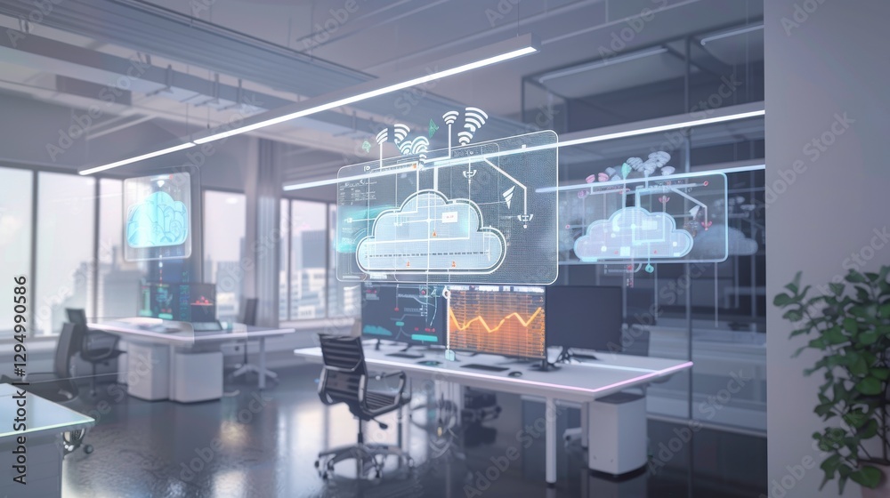 Minimal high-tech cloud network operations center with holographic ...