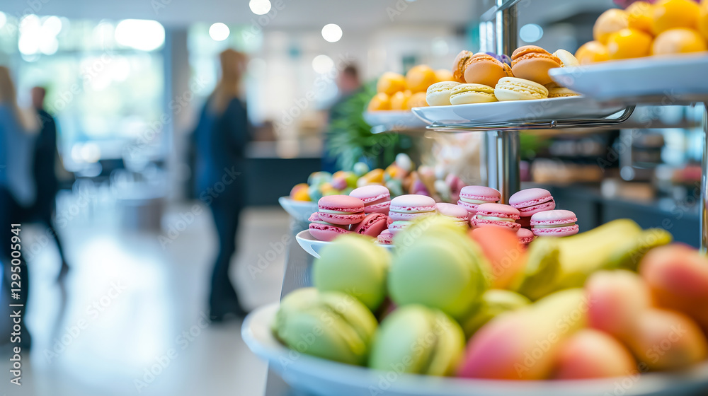 Colorful macarons and fruit are attractively displayed on tiered stands at a buffet-style ...