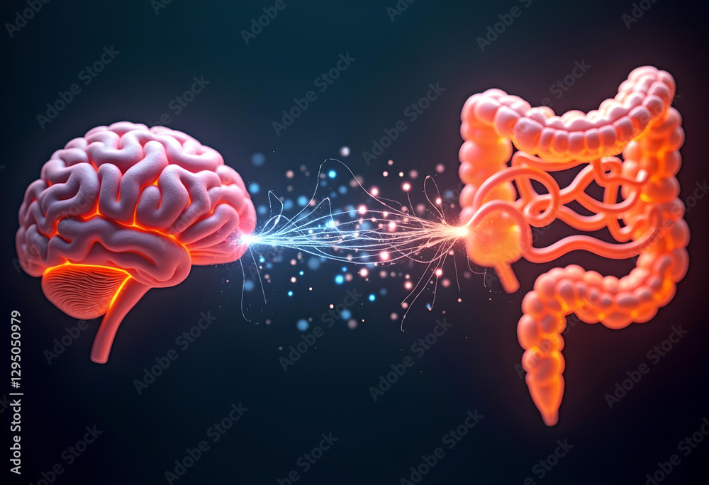 A glowing digital illustration represents the brain-gut axis, showing ...