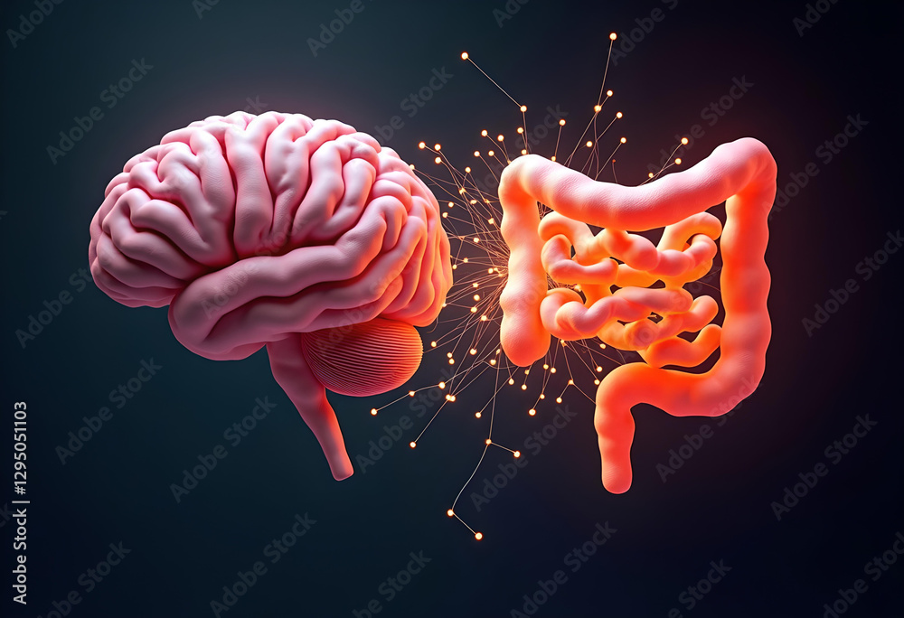 A glowing digital illustration represents the brain-gut axis, showing ...