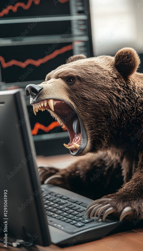 Angry bear trading with a computer, representing bearish stock market ...