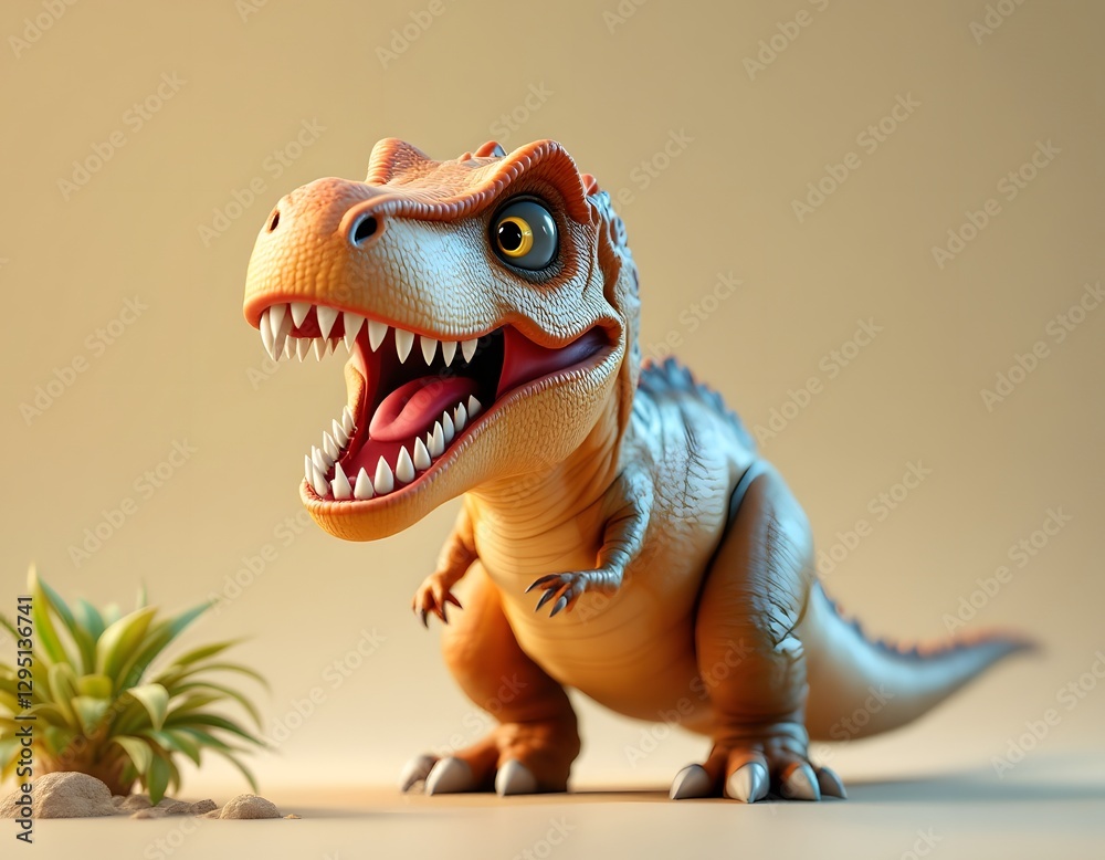 Cartoon Tyrannosaurus Rex Roaring with Small Plant in a Studio Setting ...