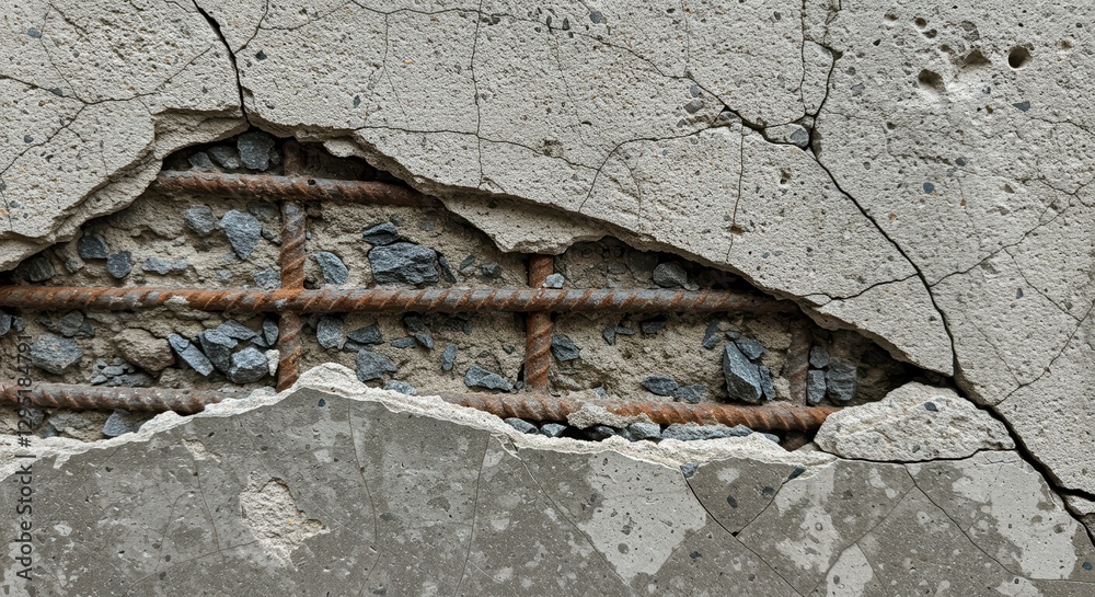 Cracked Concrete Wall with Exposed Rusty Rebar and Aggregate Texture ...