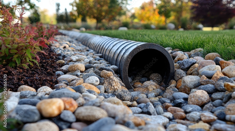 A perforated drainage pipe nestled in gravel, next to landscaping ...
