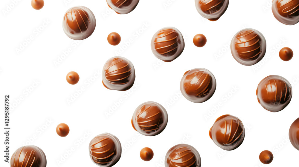 Delicious caramel filled chocolate candies falling on transparent ...