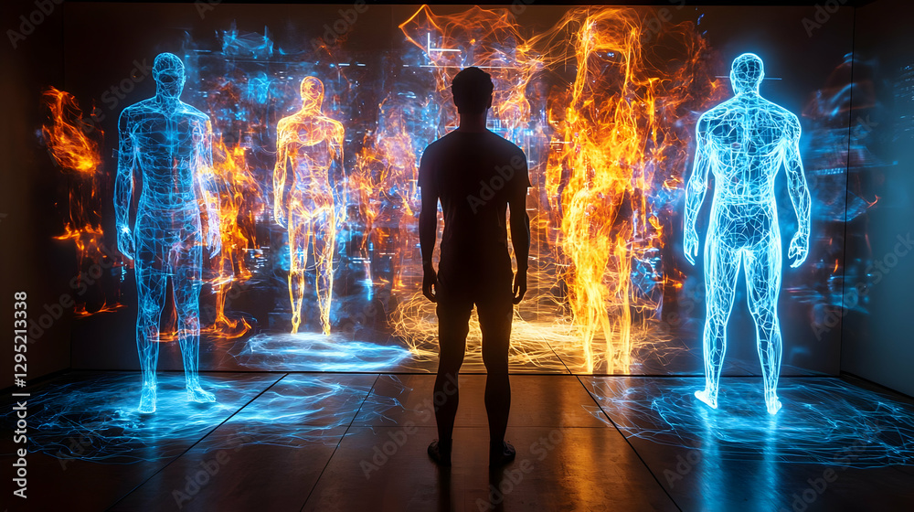 Silhouette of Person Observing Digital Human Forms with Fiery and Icy ...