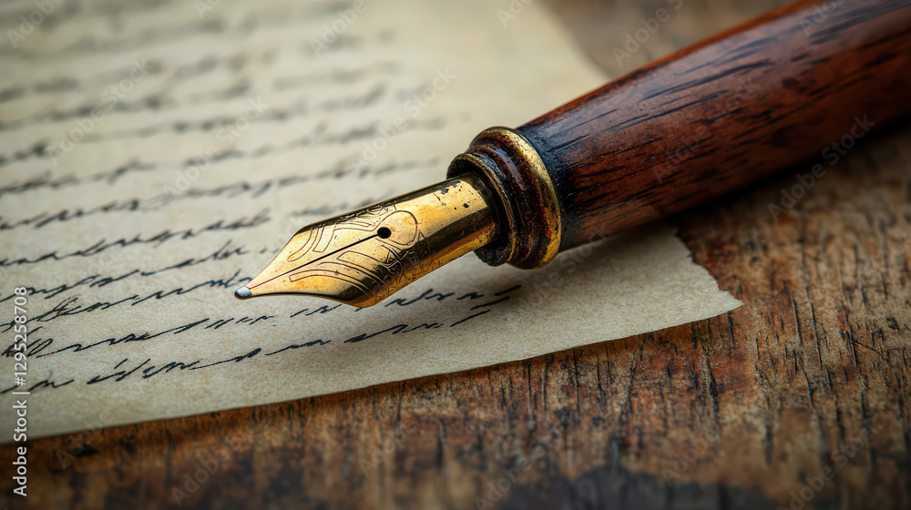 vintage fountain pen with wooden handle rests on handwritten letter ...