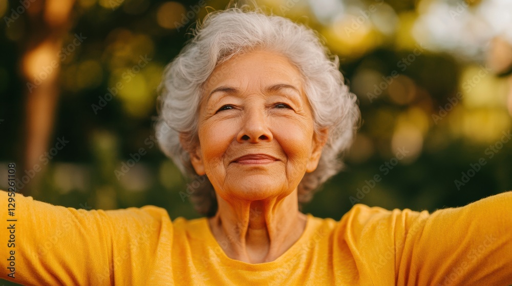 Embracing Serenity Minimalist Wellness Pose in Nature - Elderly Asian ...