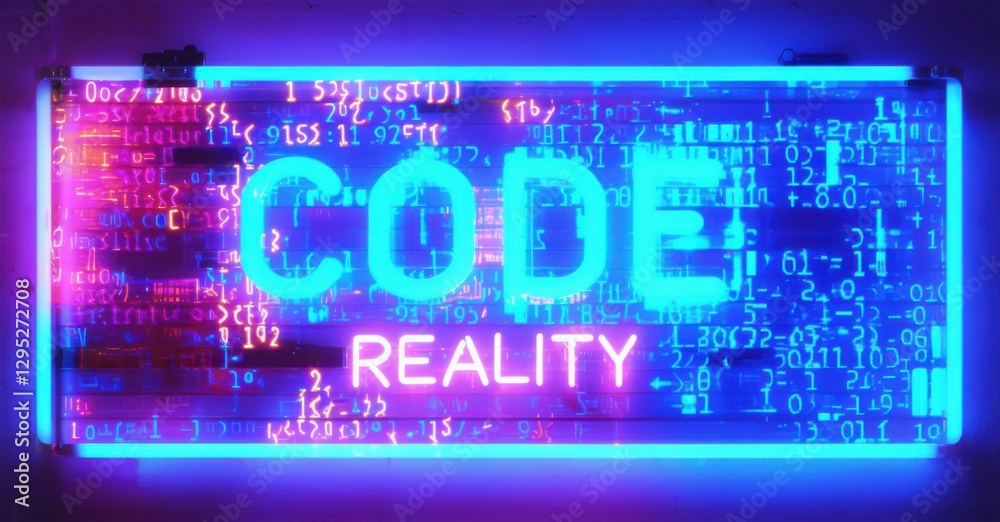 Neon sign coded reality glitching screen flowing algorithmic code ...