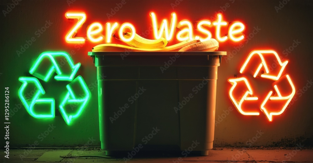 Neon sign zero waste recycling arrows surrounding glowing compost bin ...