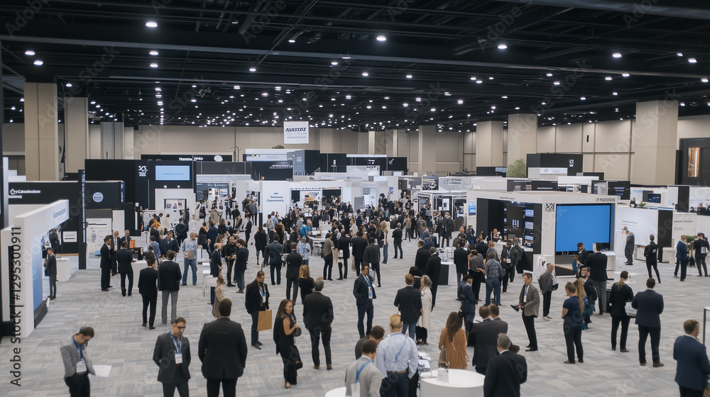 Dynamic Exhibition: An expansive view of a bustling trade show, the ...