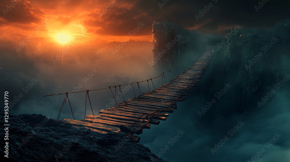 Broken wooden bridge foggy chasm mysterious atmosphere eerie abandoned ...