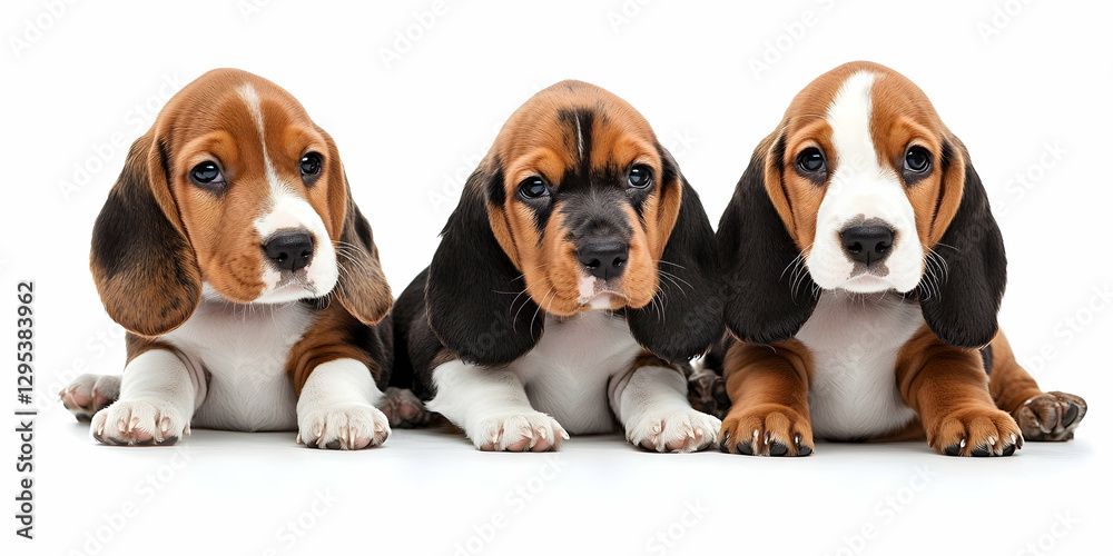 Three adorable basset hound puppies lying side by side, their droopy ...