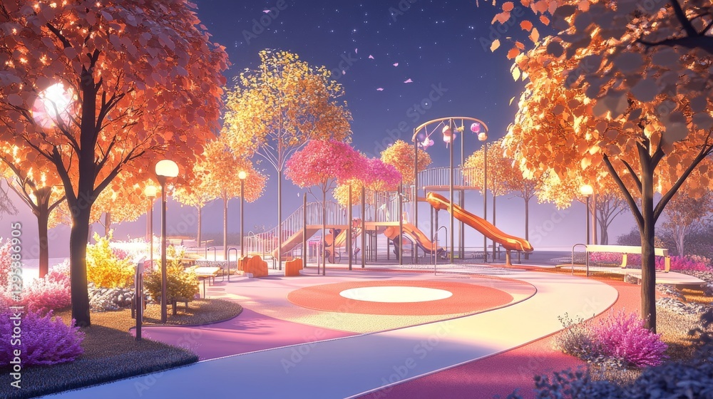 Children park landscape with interconnected play towers, double slides ...