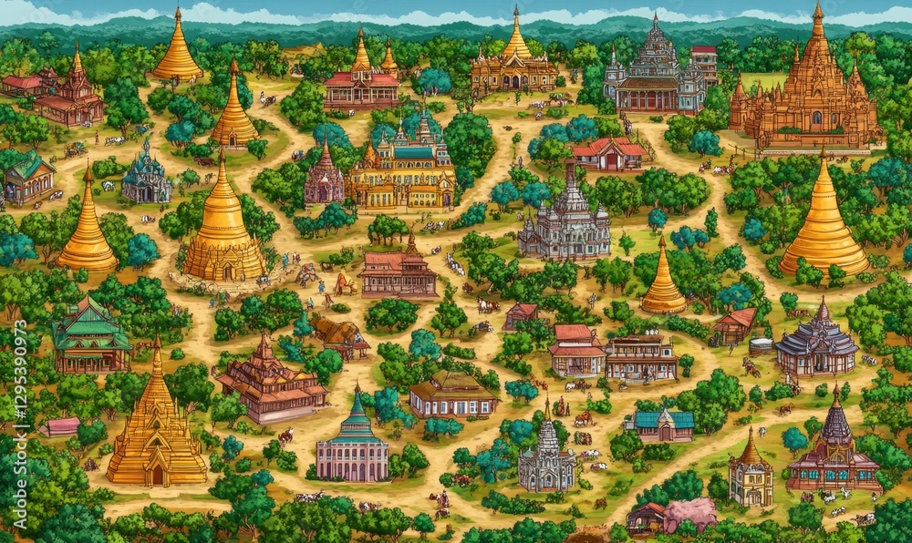 Illustrated map of ancient city with temples, trees, and paths, ideal ...